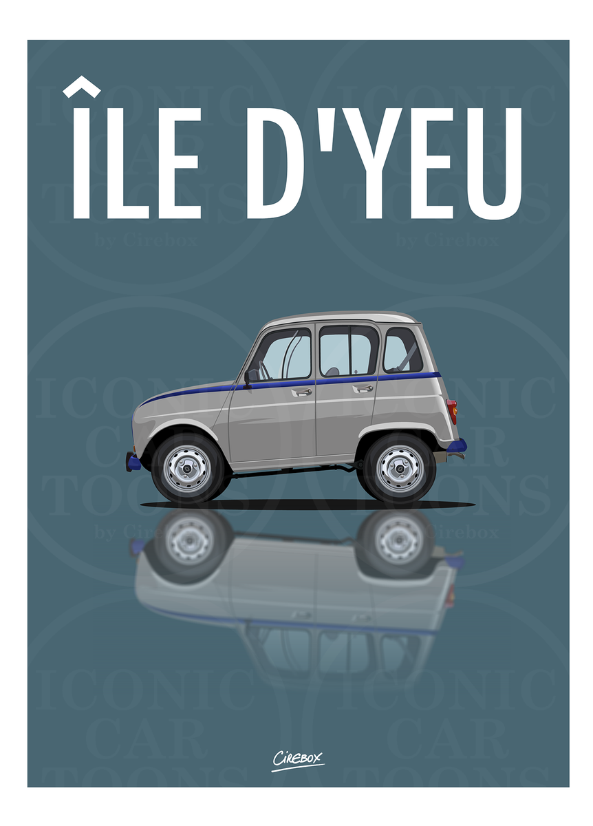 Affiche ICONIC voiture RENAULT 4L grise Ile d'Yeu – ICONIC CAR TOONS by ...
